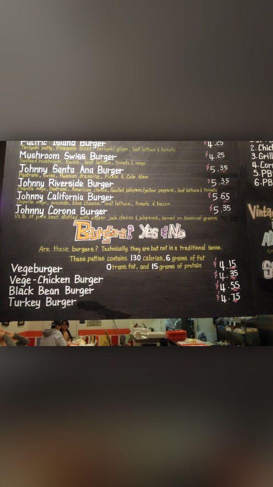 Menu at Johnny's Burgers restaurant, Riverside, Riverside Plaza Dr