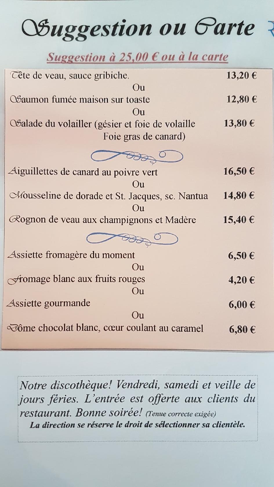 Menu au Le Panache complexe restaurant & discothèque, Épinal