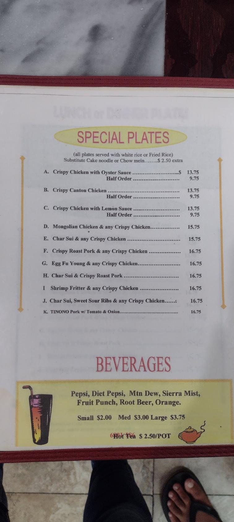 Menu at Ling's Chop Suey House restaurant, Hilo, Kanoelehua Ave