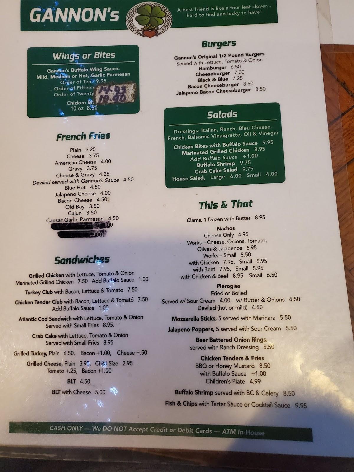 Menu at Mickey Gannon's pub & bar, Scranton