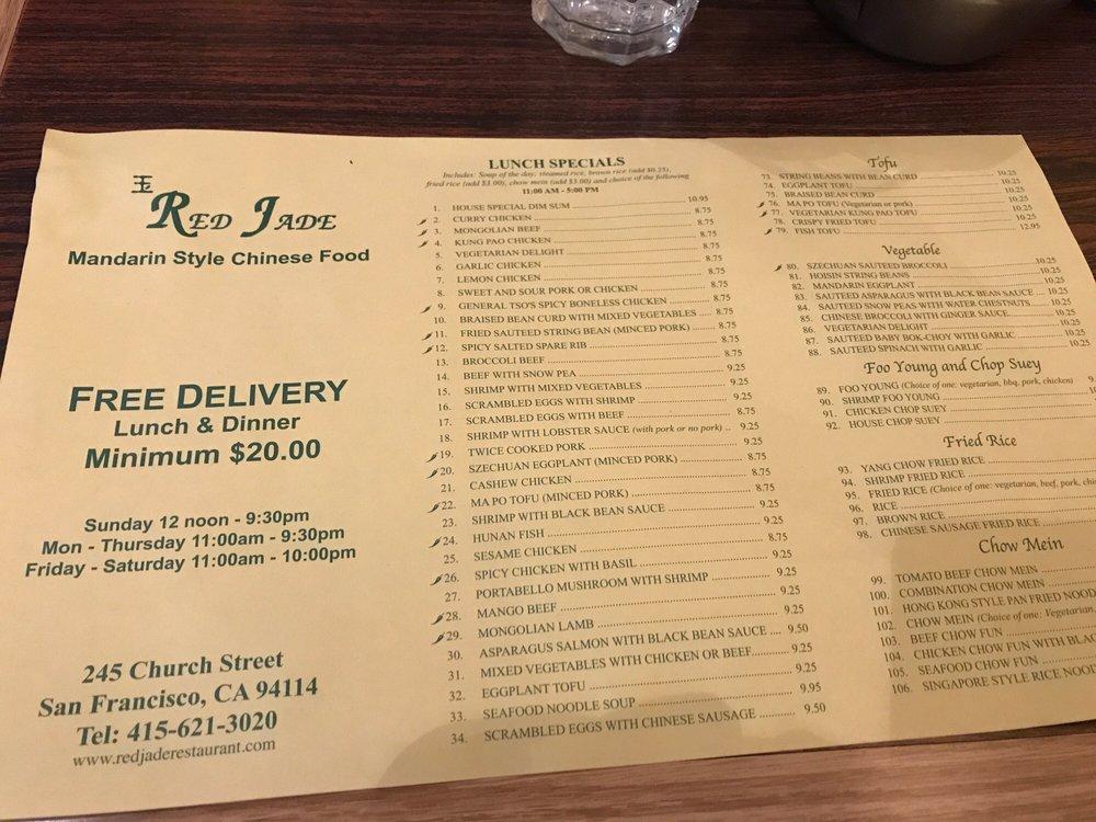 Menu at New Red Jade restaurant, San Francisco, 245 Church St