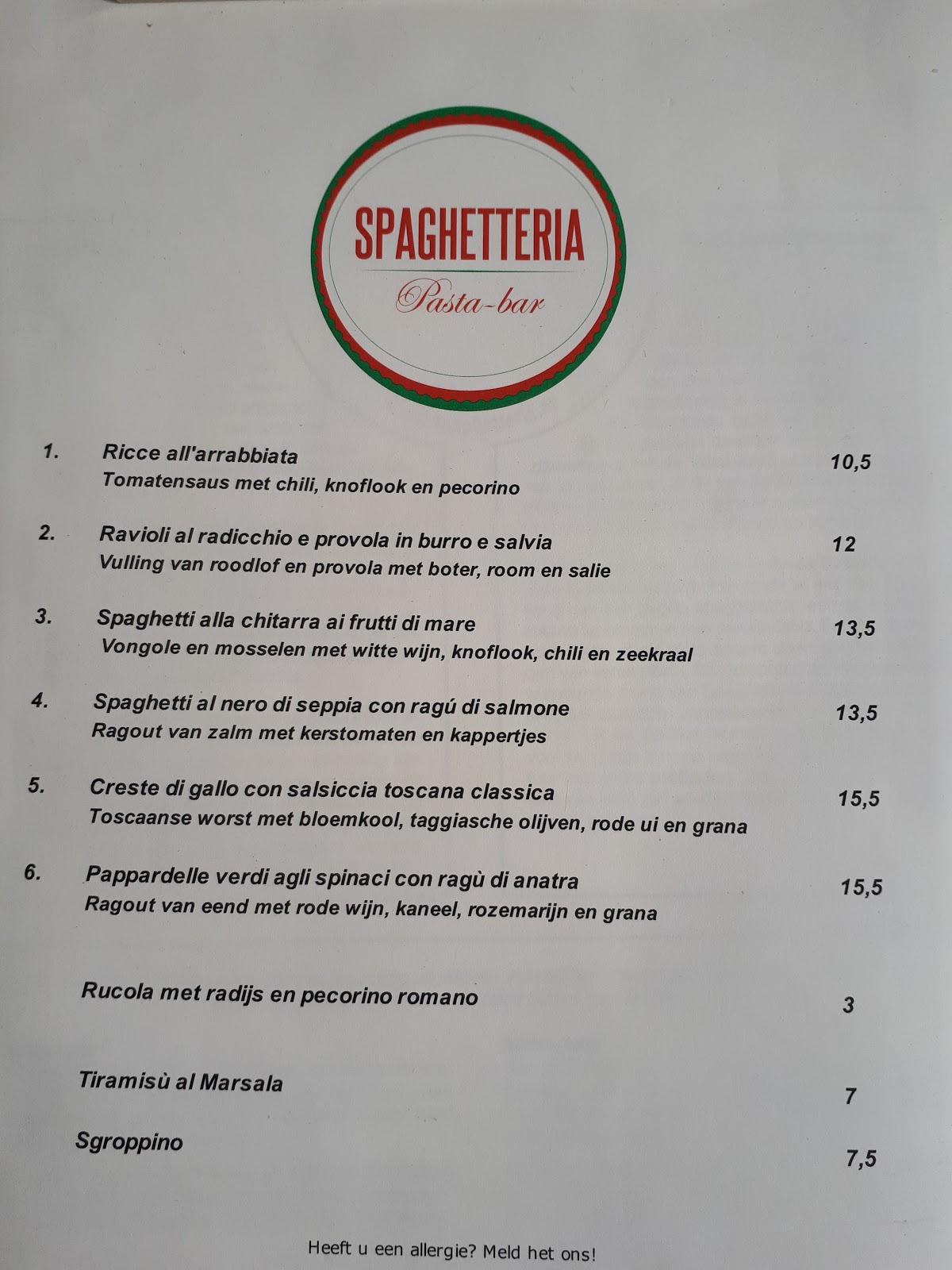 Menu at Spaghetteria Wittevrouwensingel, Utrecht, Wittevrouwensingel 44
