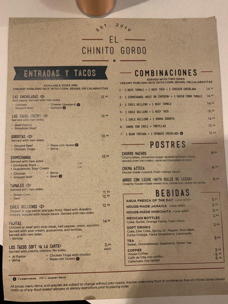 Menu at El Chinito Gordo restaurant, Tucson