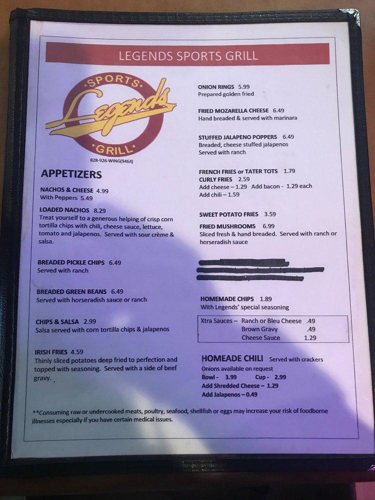 Menu at Legends Sports Bar And Grill, Maggie Valley