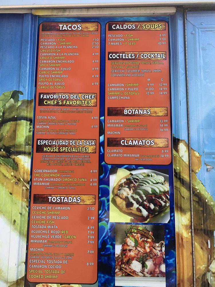 Menu at Mariscos On Miramar restaurant, San Diego