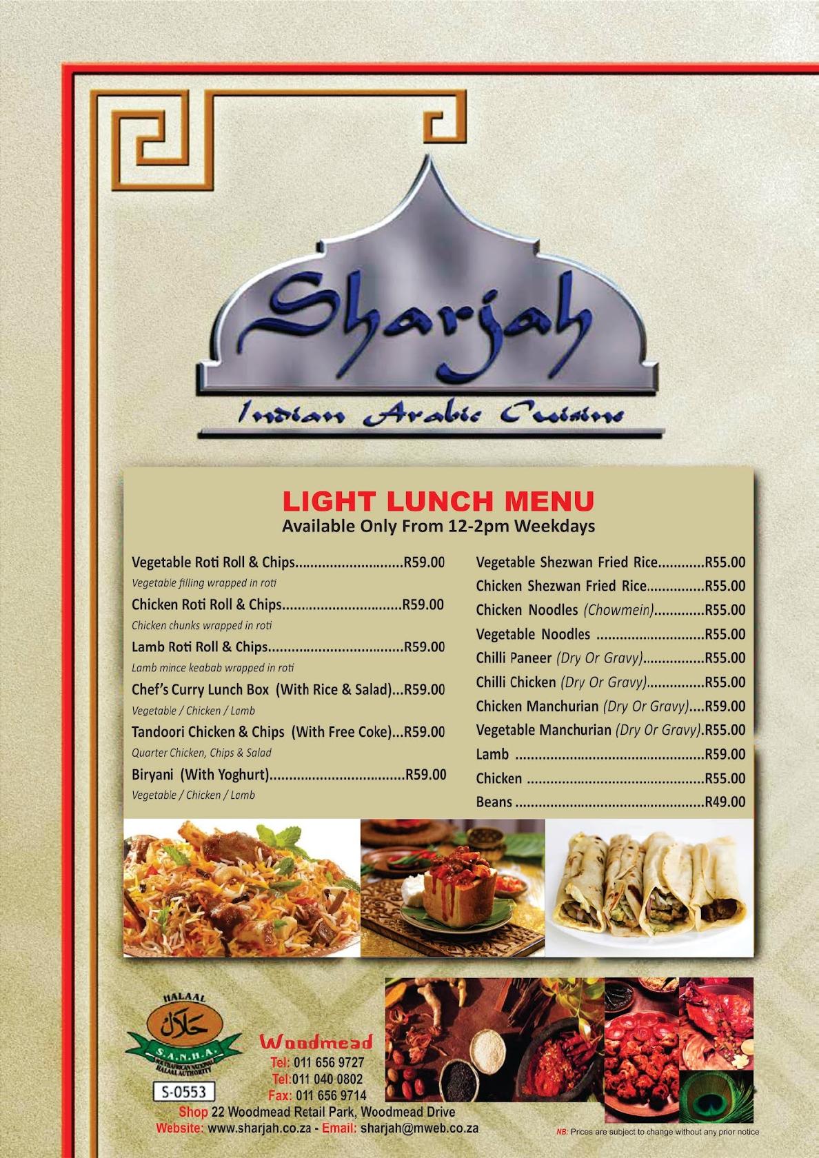 Menu at Sharjah Indian restaurant, Sandton
