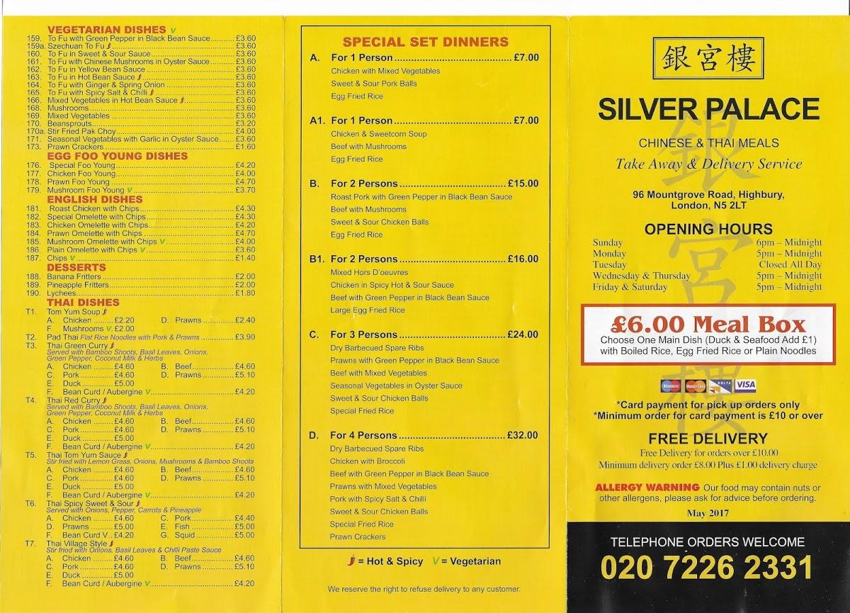 Menu at Silver Palace fast food, London