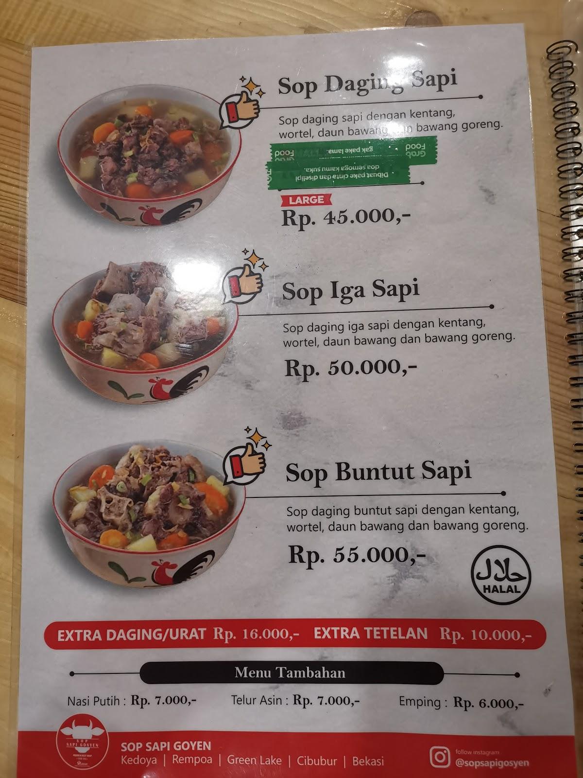 Menu at Sop Sapi Gosyen Greenlake restaurant, Tangerang