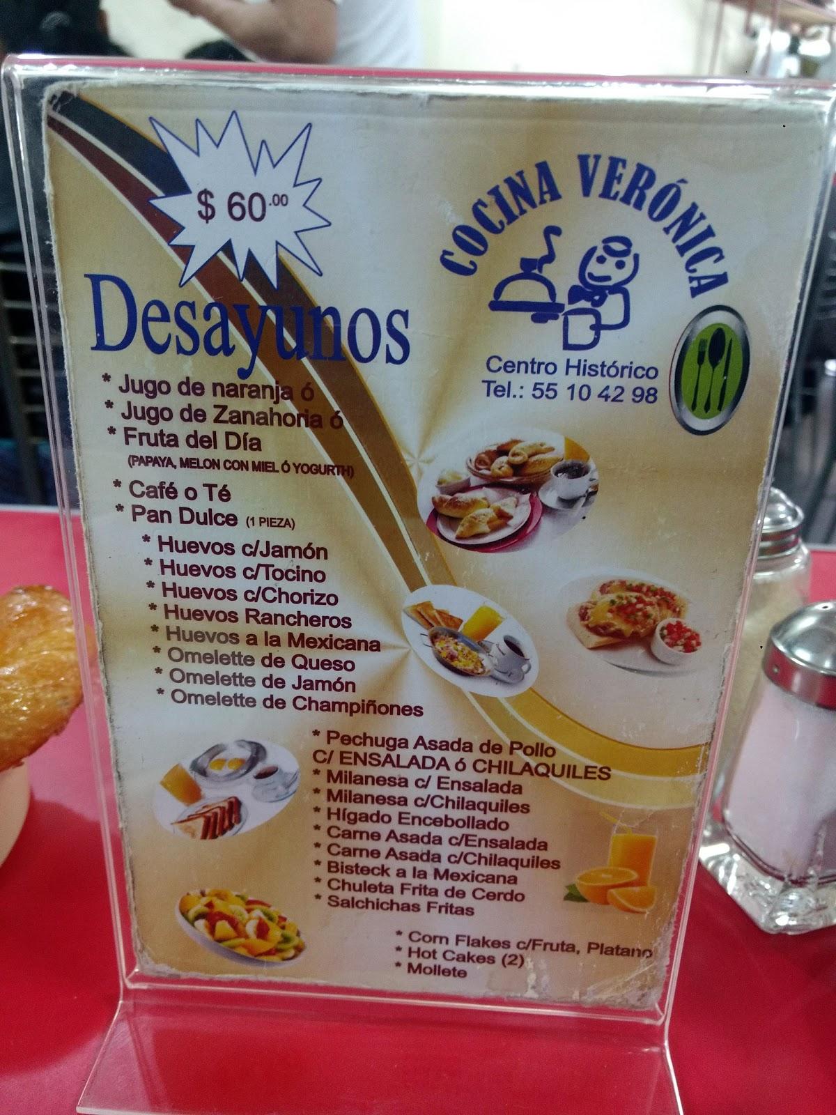 Carta del restaurante Cocina Verónica, Ciudad del México