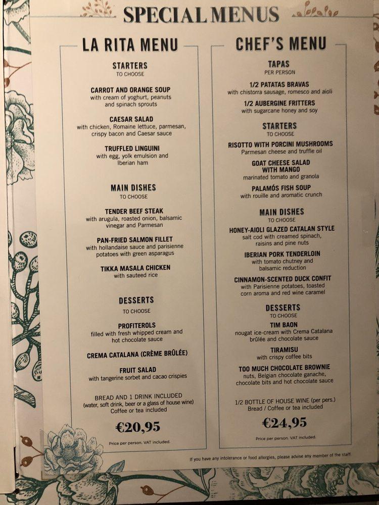 Menu at La Rita restaurant, Barcelona