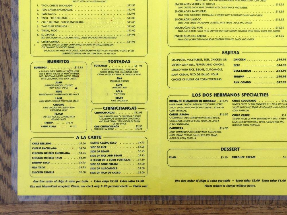Menu at Los Dos Hermanos restaurant, Sierraville, 101 Battelle St