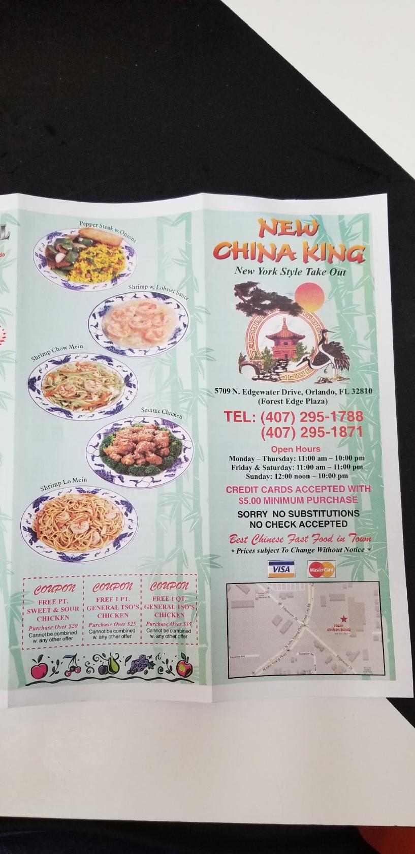 Menu at New China King restaurant, Orlando, Edgewater Dr