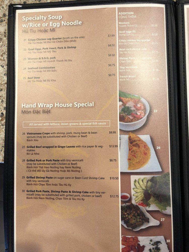 Menu at Pho Mai restaurant, Chino Hills