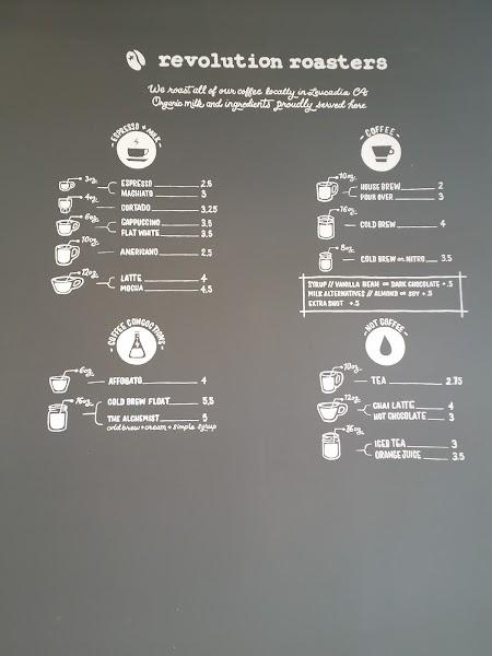 Menu at Revolution Roasters cafe, Oceanside