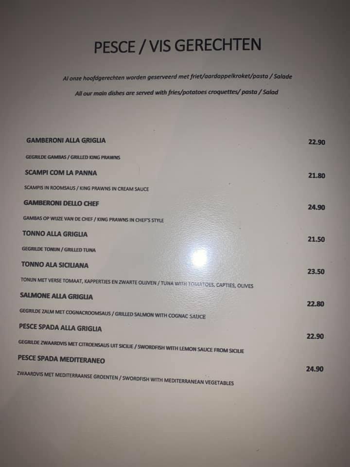 Menu at Sabatino, Antwerp