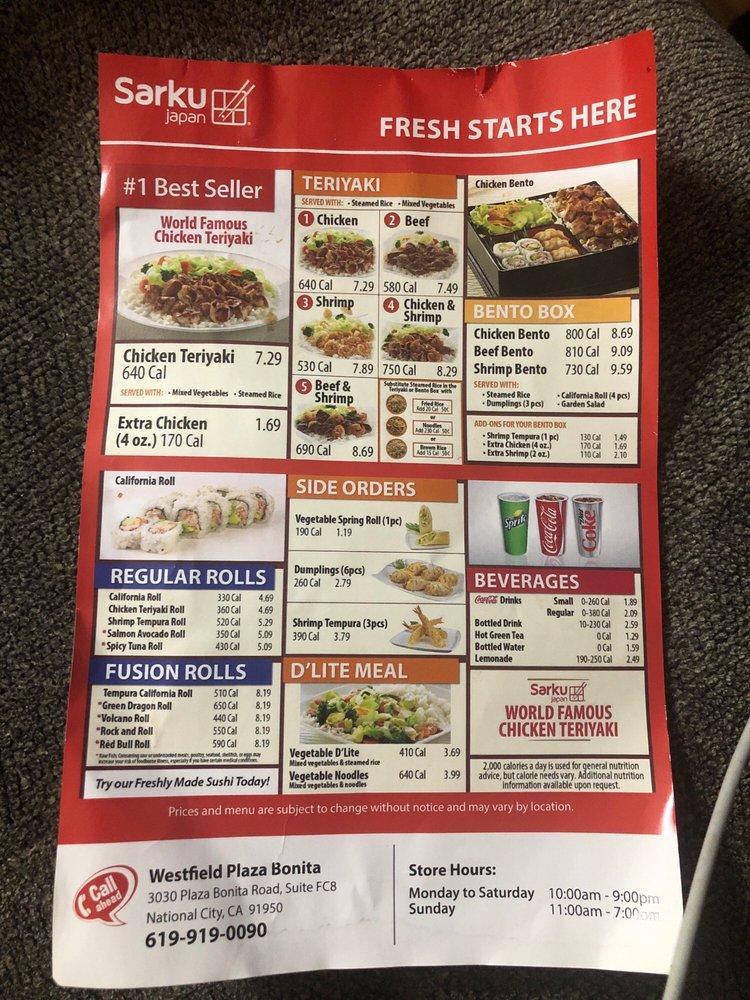 Menu at Sarku Japan restaurant, National City