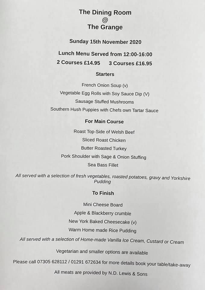Menu at The Dining Room @ The Grange restaurant, Usk