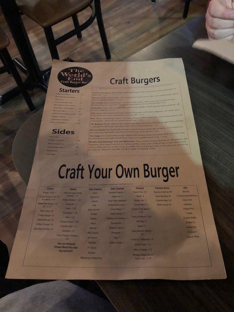 Menu at The World's End Craft Burger Bar, Roseville