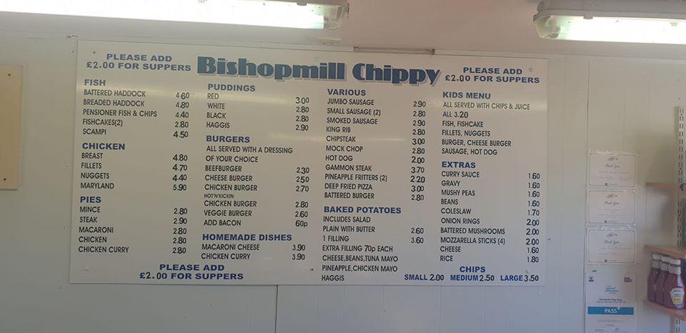 Menu at Bishopmil Chippy restaurant, Elgin