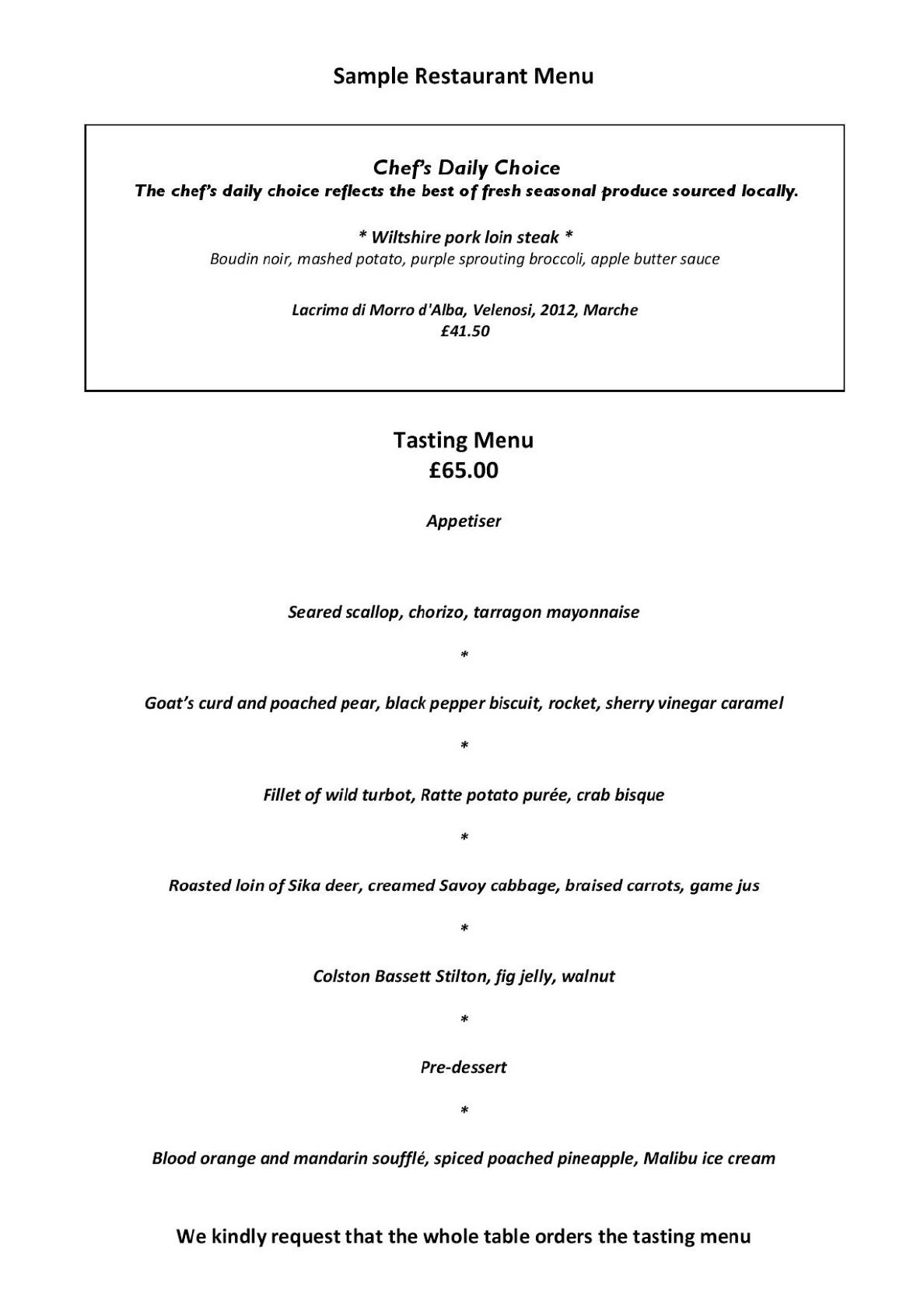 Menu at Teffont House Hotel restaurant, Tisbury