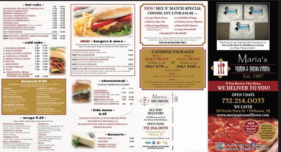 Menu at Maria's Pizza & Subs pizzeria, Milltown