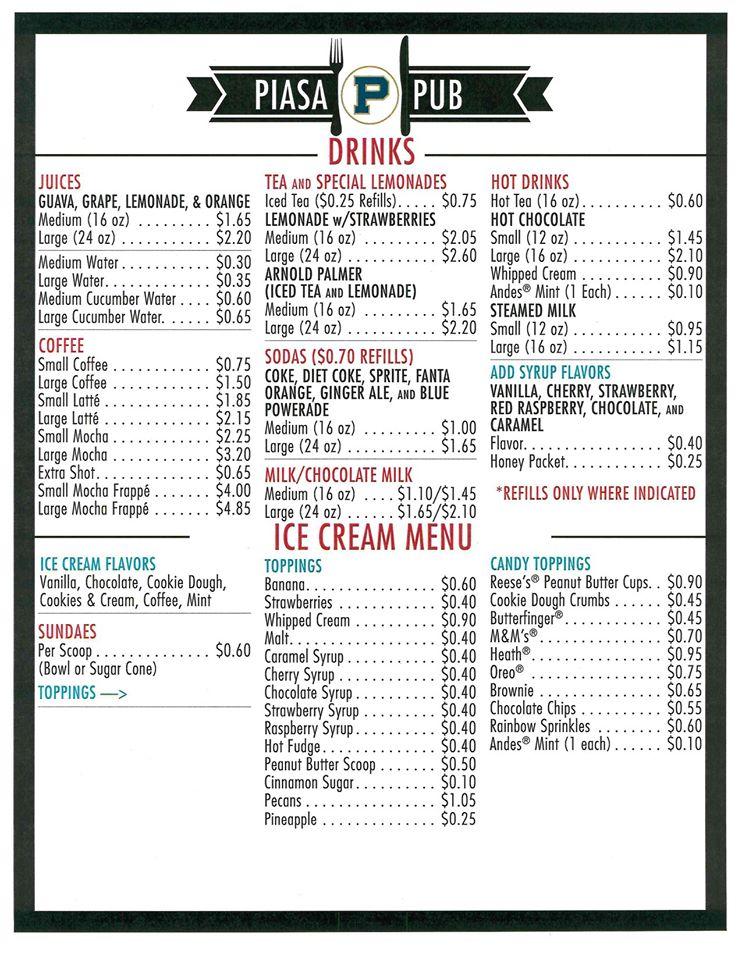 Menu at Piasa Pub, Elsah