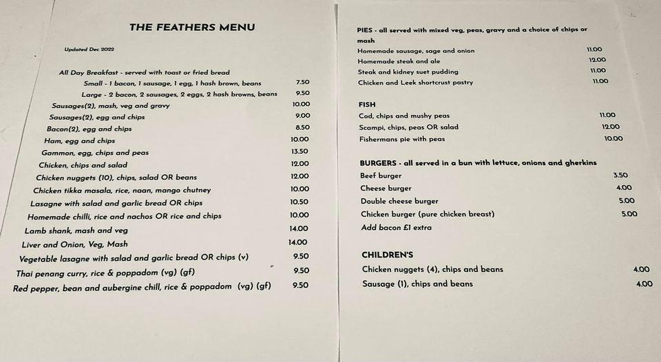 Menu at The Feathers pub & bar, Wymondham
