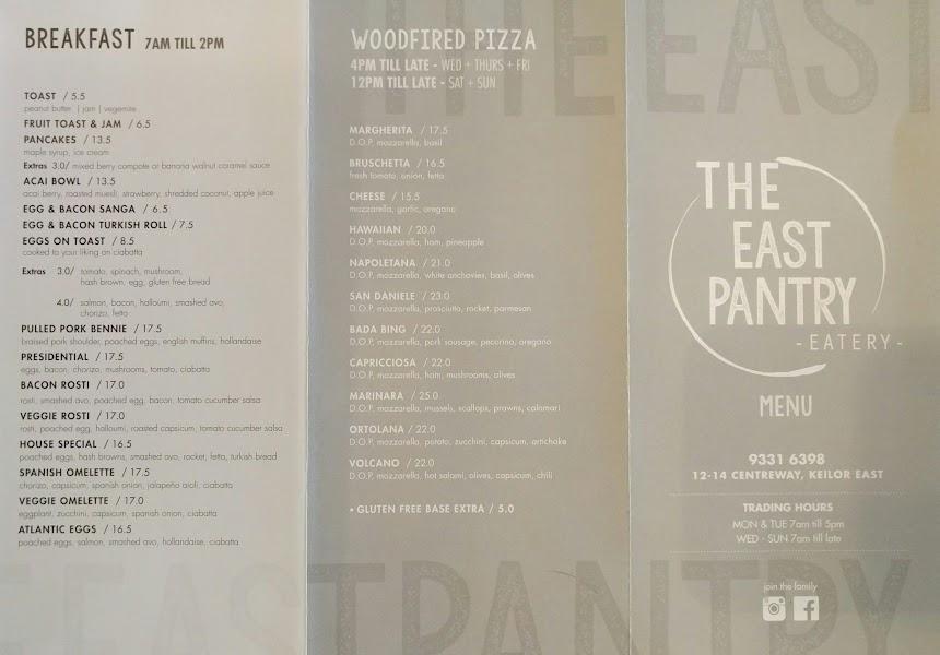 Menu at The East Pantry cafe, Keilor East