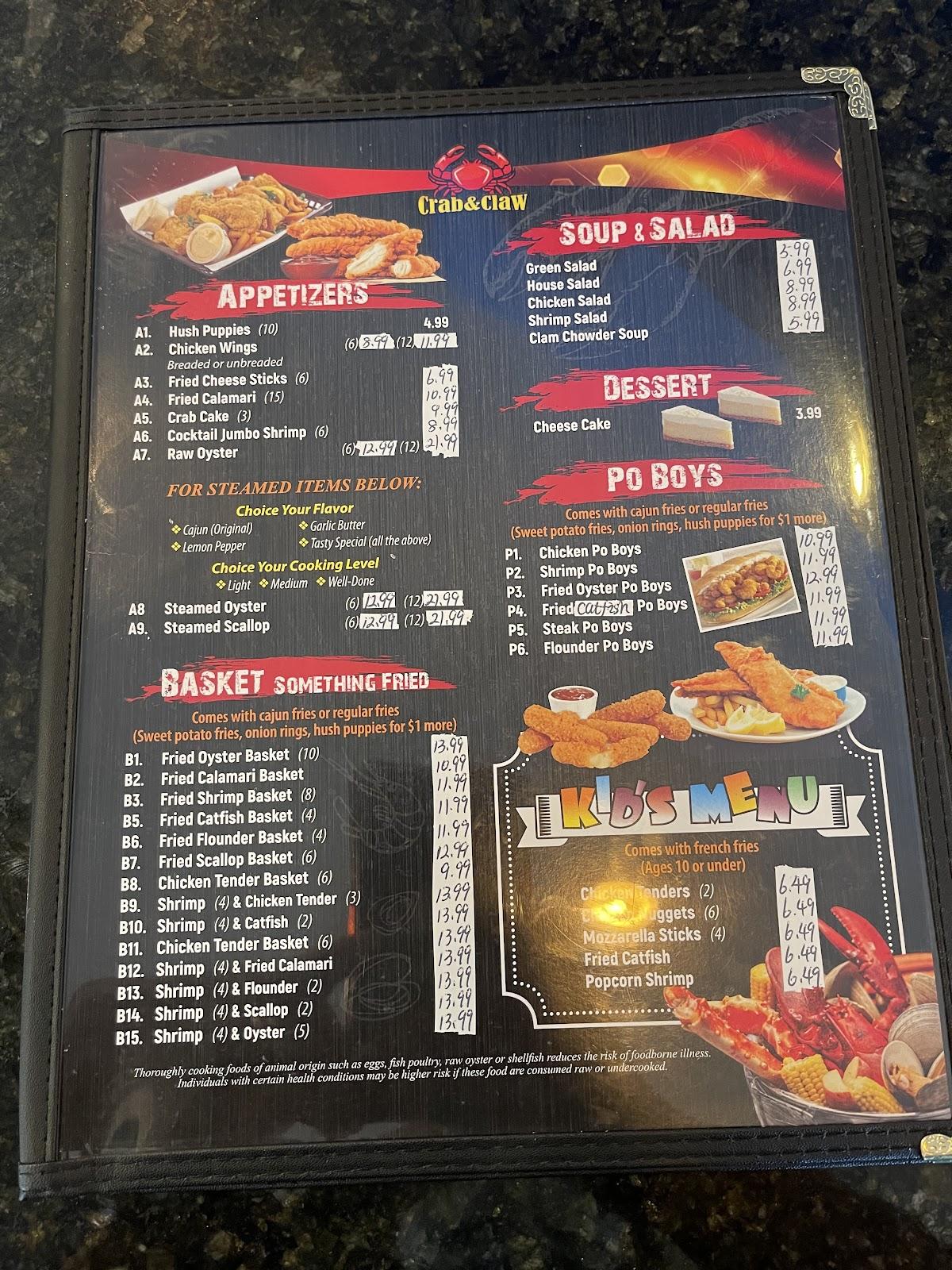 Menu at Crab & Claw seafood restaurant, Tallahassee