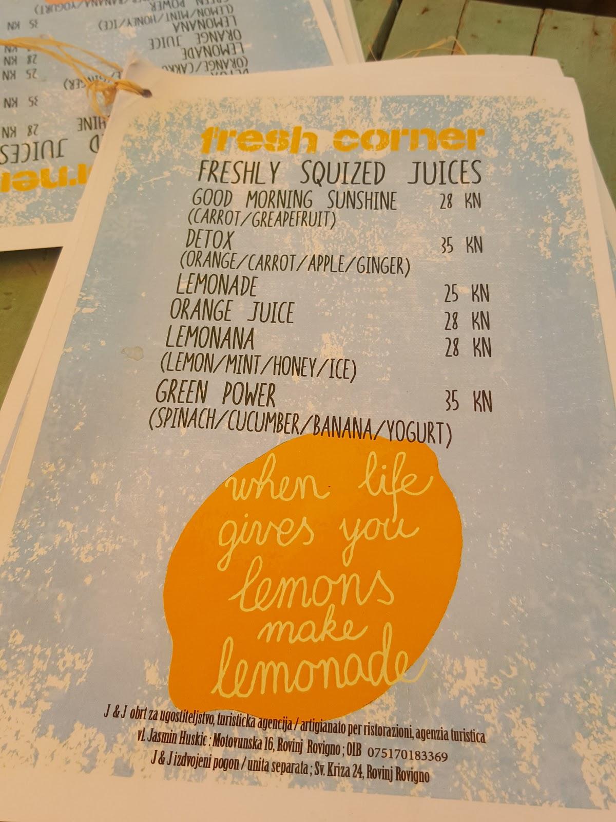 Menu at Fresh Corner pub & bar, Rovinj