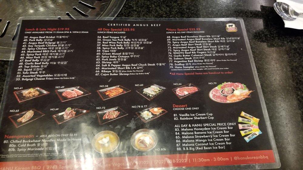 Menu at HANU Korean BBQ, Las Vegas