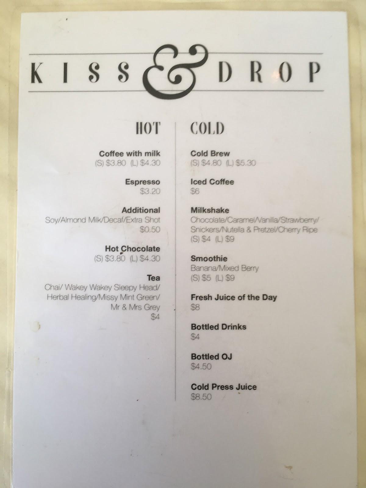 Menu at Kiss & Drop cafe, West Wollongong