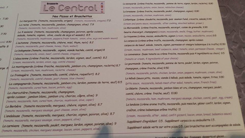 Menu at Le Central restaurant, Autun
