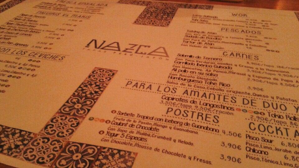Carta del restaurante Nazca, Sevilla