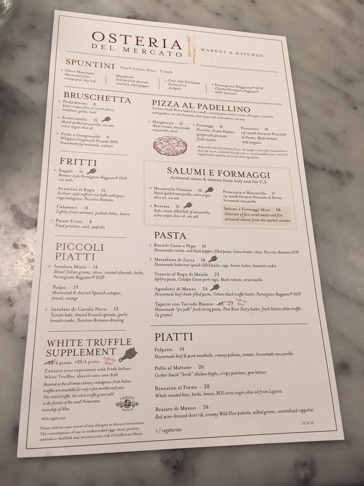Menu at Osteria Del Mercato restaurant, Chicago