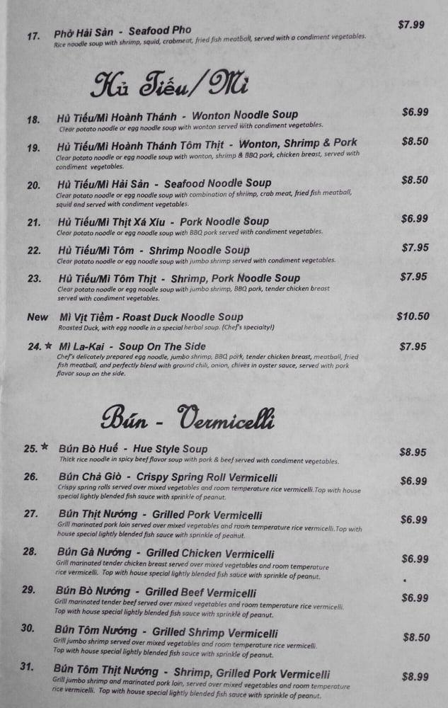 Menu at Pho DaLat restaurant, Tempe