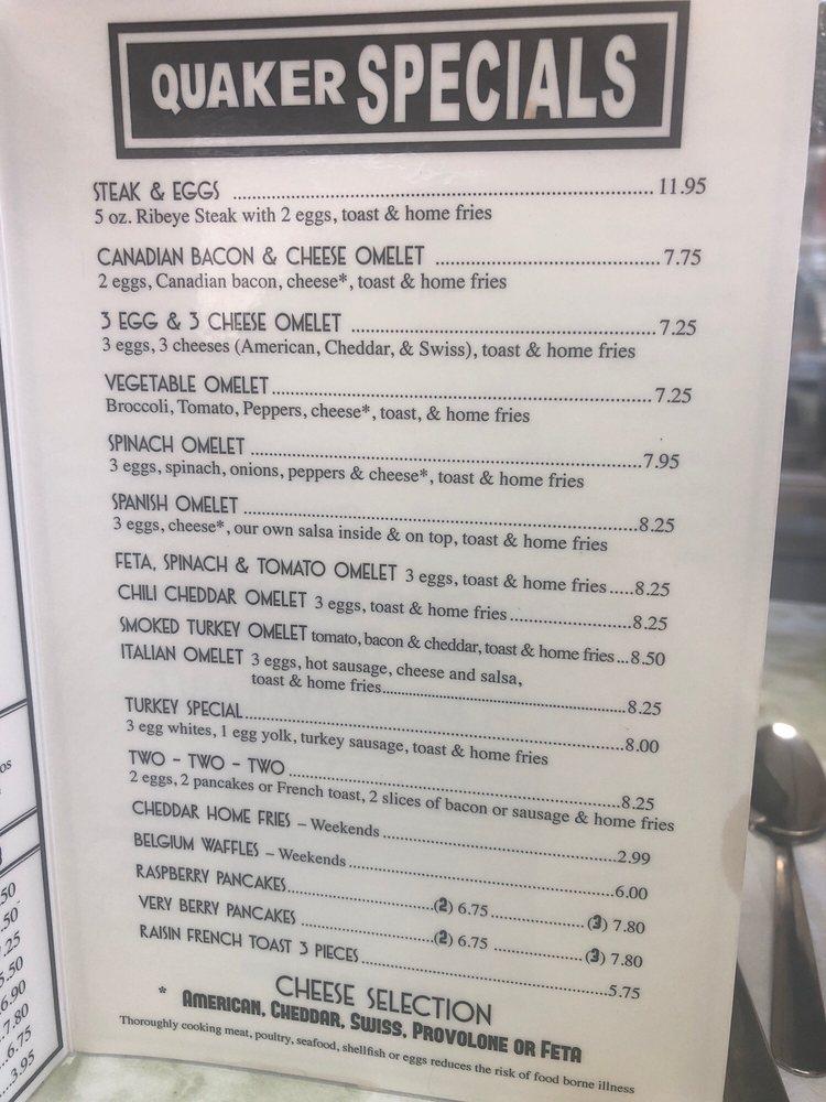 Menu at Quaker Diner restaurant, West Hartford