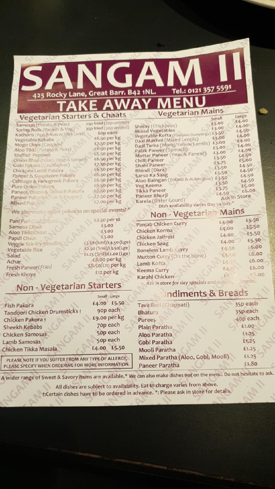 Menu at Sangam 2 restaurant, Birmingham, 425 Rocky Ln