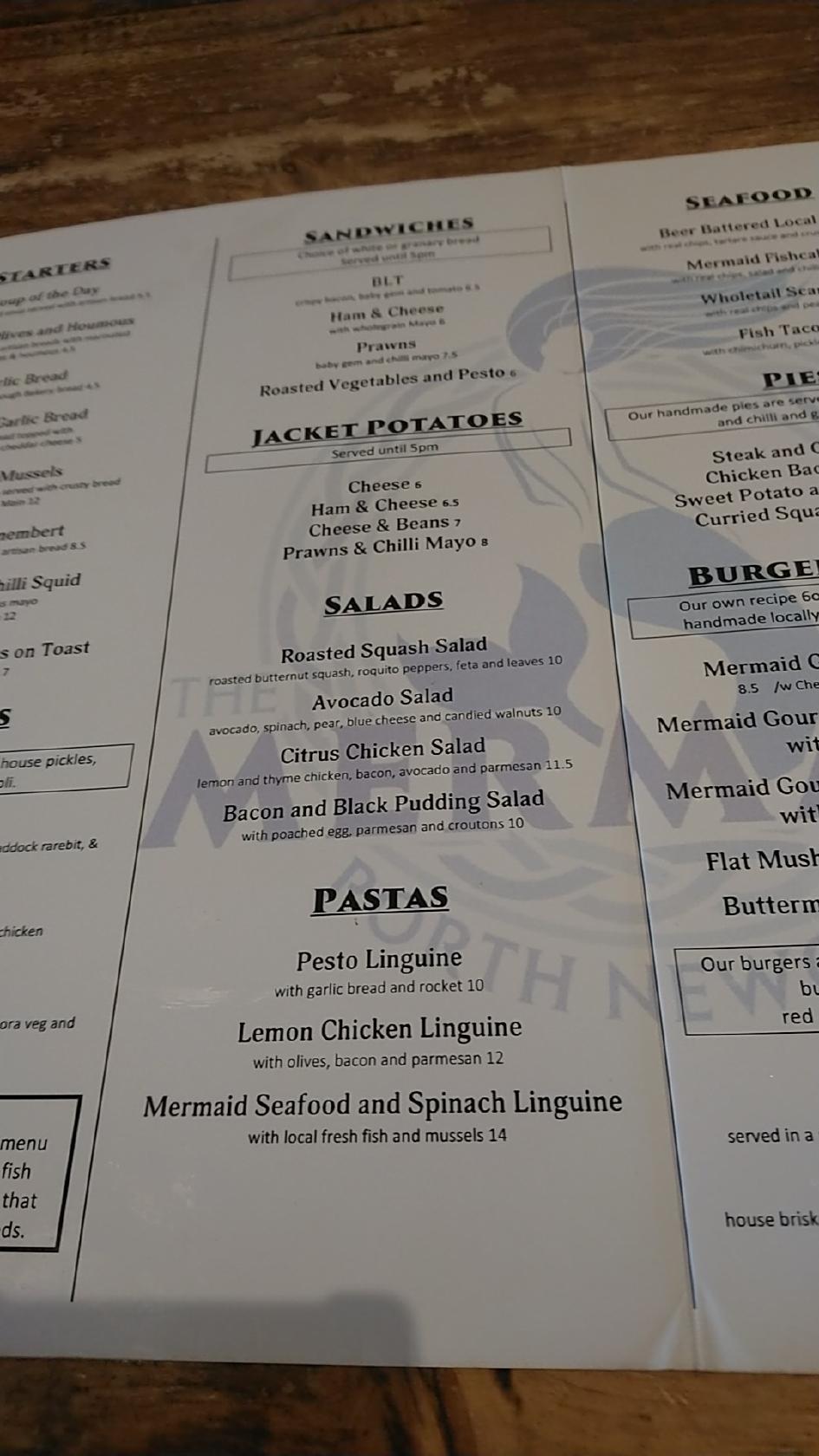 Menu at The Mermaid Inn pub & bar, Newquay