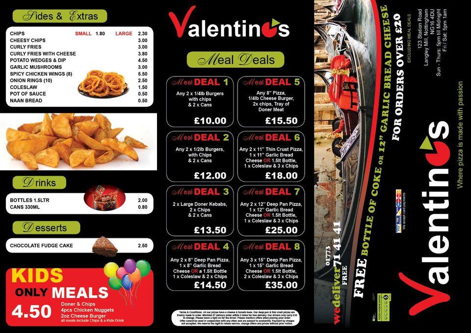 Menu at Valentinos fast food, Langley Mill