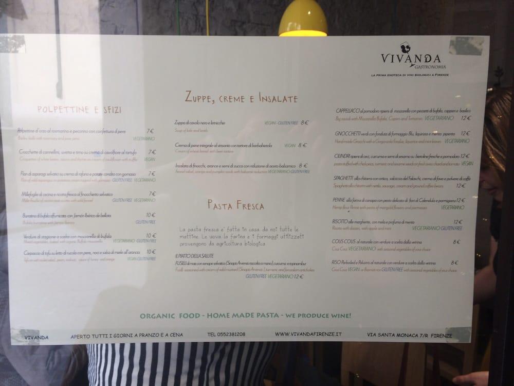 Menu at Vivanda restaurant, Florence
