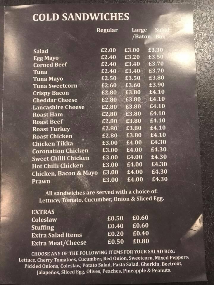 Menu at Wudz Sandwich Bar, Fleetwood