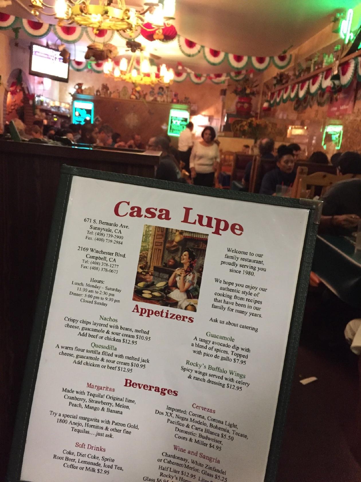 Menu at Casa Lupe restaurant, Sunnyvale
