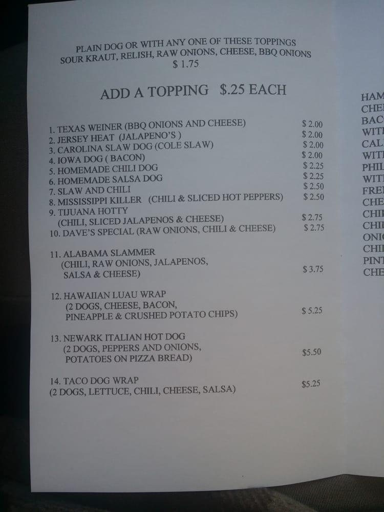 Menu at Dave's Hot Dogs restaurant, South Amboy, 323 S Pine Ave