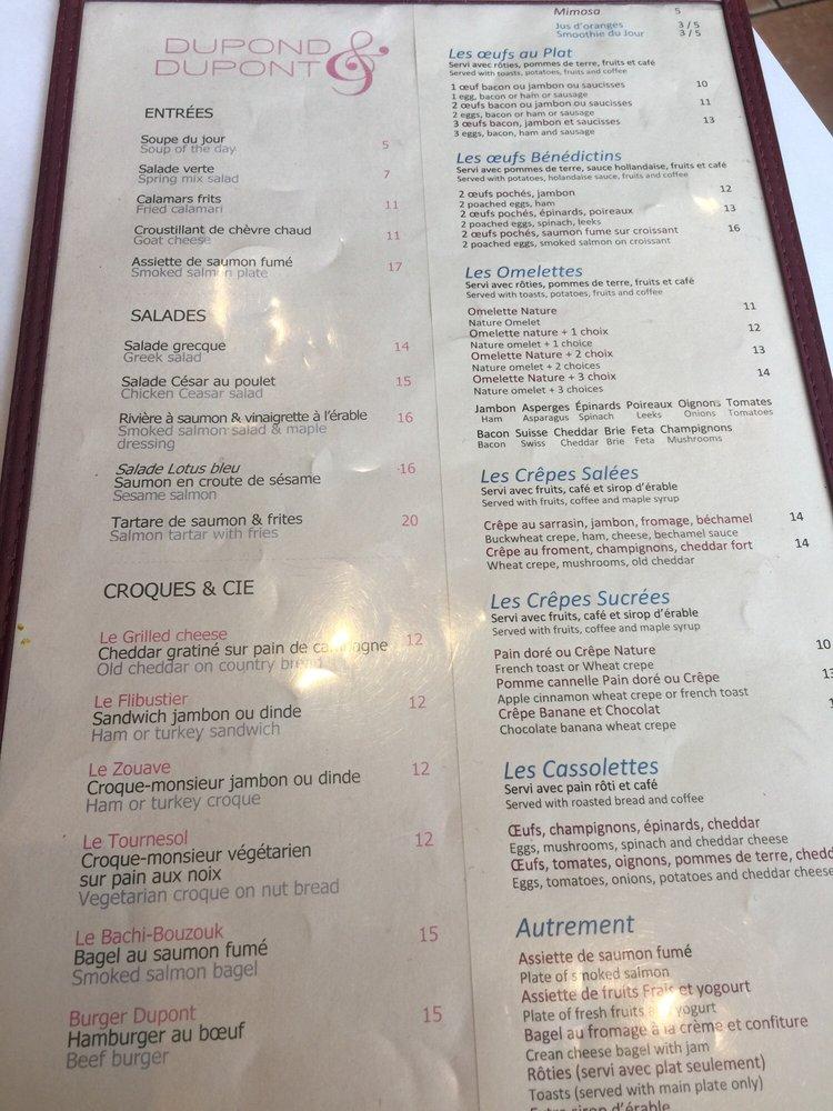 Menu au Dupond & Dupont café, Mont-Royal, Canora