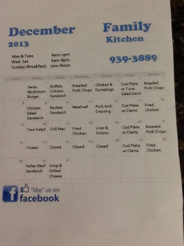 Menu at Family Kitchen restaurant, Waterloo