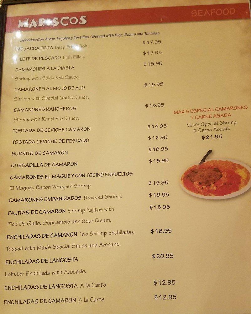 Menu at Max's Mexican Cuisine restaurant, Azusa
