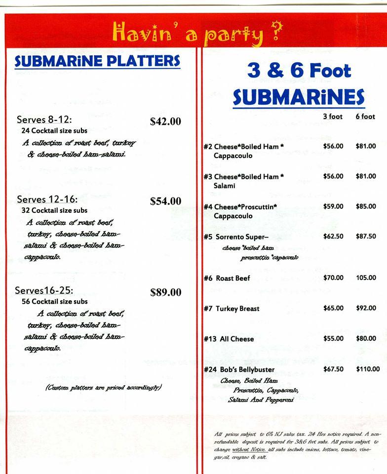 Menu at Mike's Giant Submarines restaurant, Belmar, 700 8th Ave