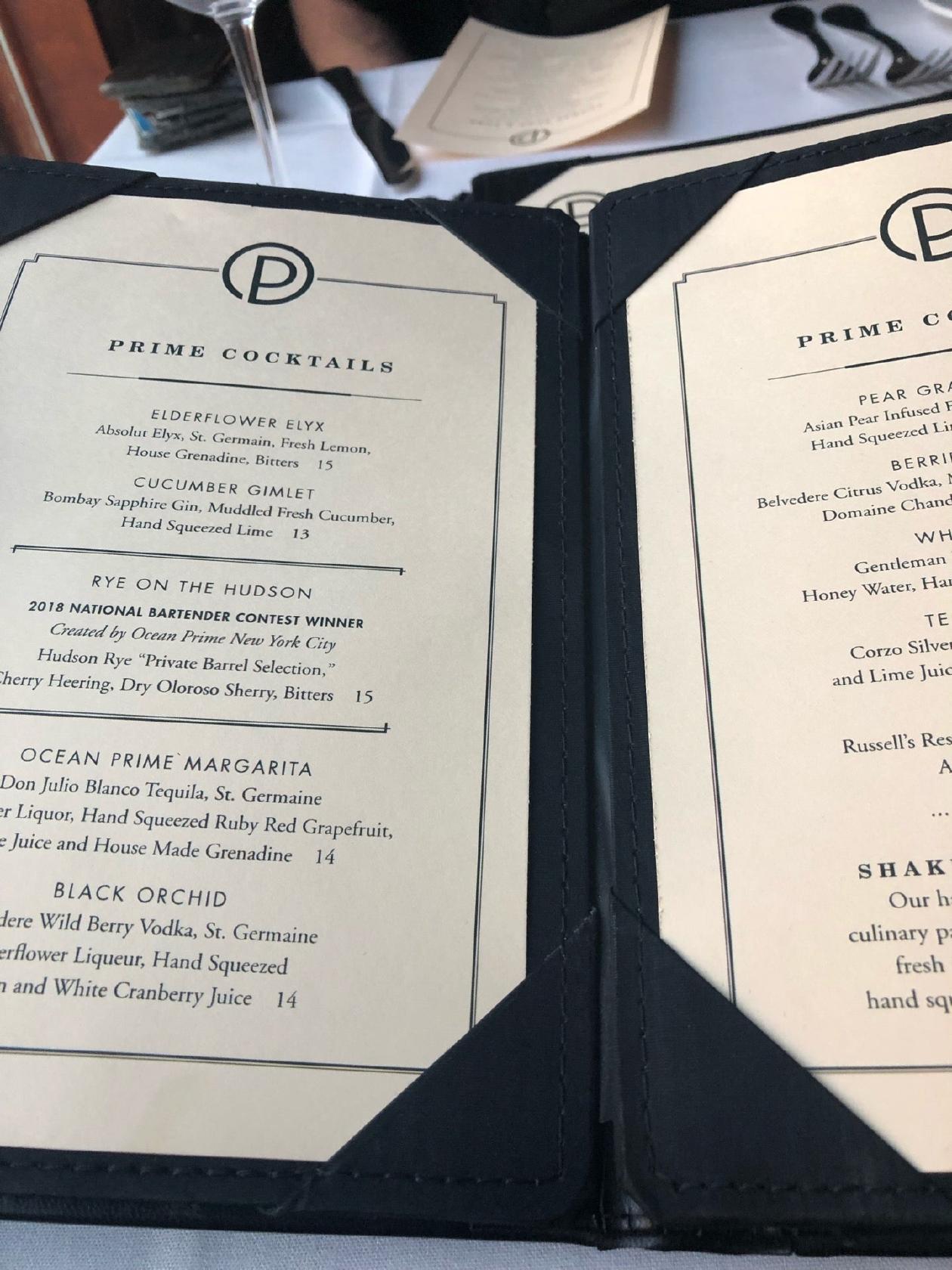 Menu at Ocean Prime steakhouse, Denver, Larimer St