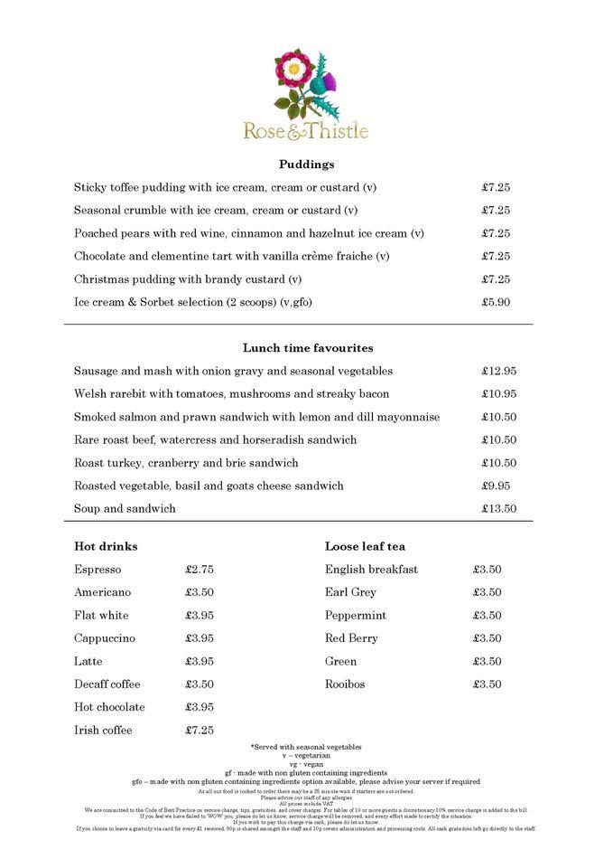 Menu at The Rose and Thistle pub & bar, Fordingbridge